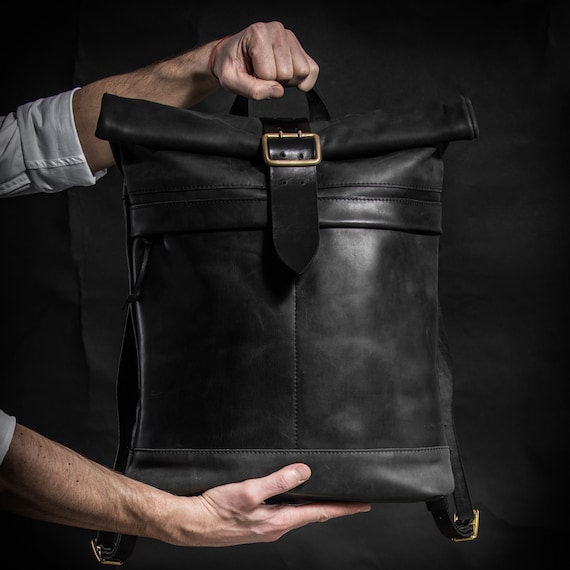 Leather backpack Roll top backpack Men's backpack Laptop - Etsy