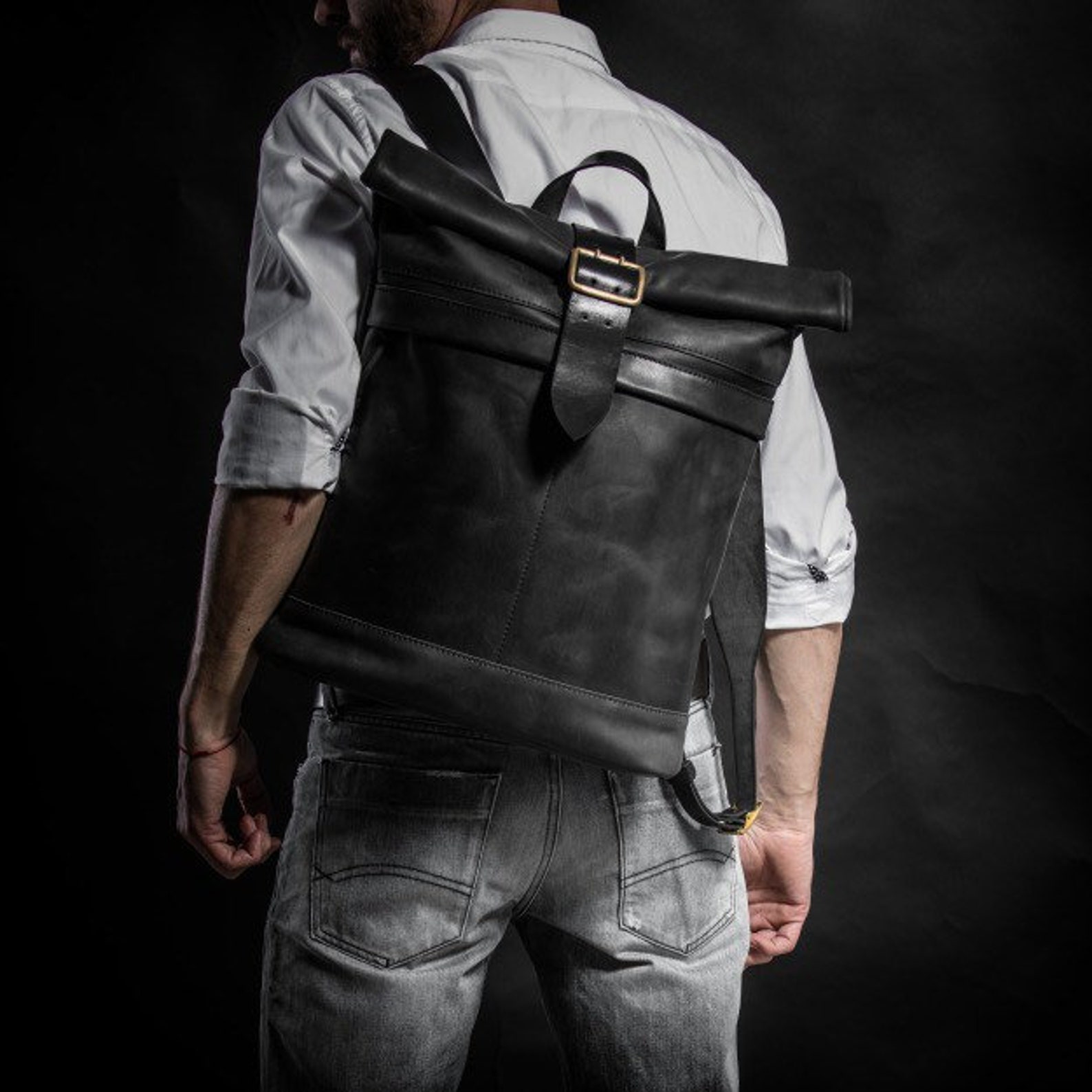 Leather Roll Top Backpack Men's Laptop Backpack | Etsy