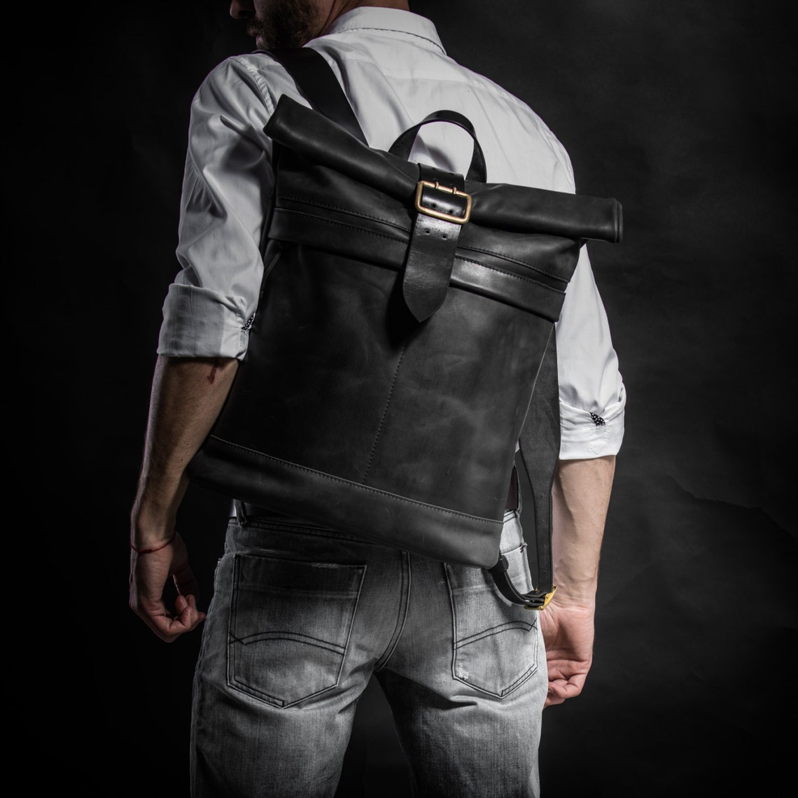 Leather backpack Roll top backpack Men's backpack Laptop | Etsy