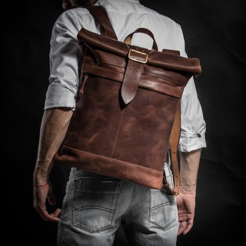 Leather Backpack Roll Top Backpack Men's Backpack Laptop - Etsy