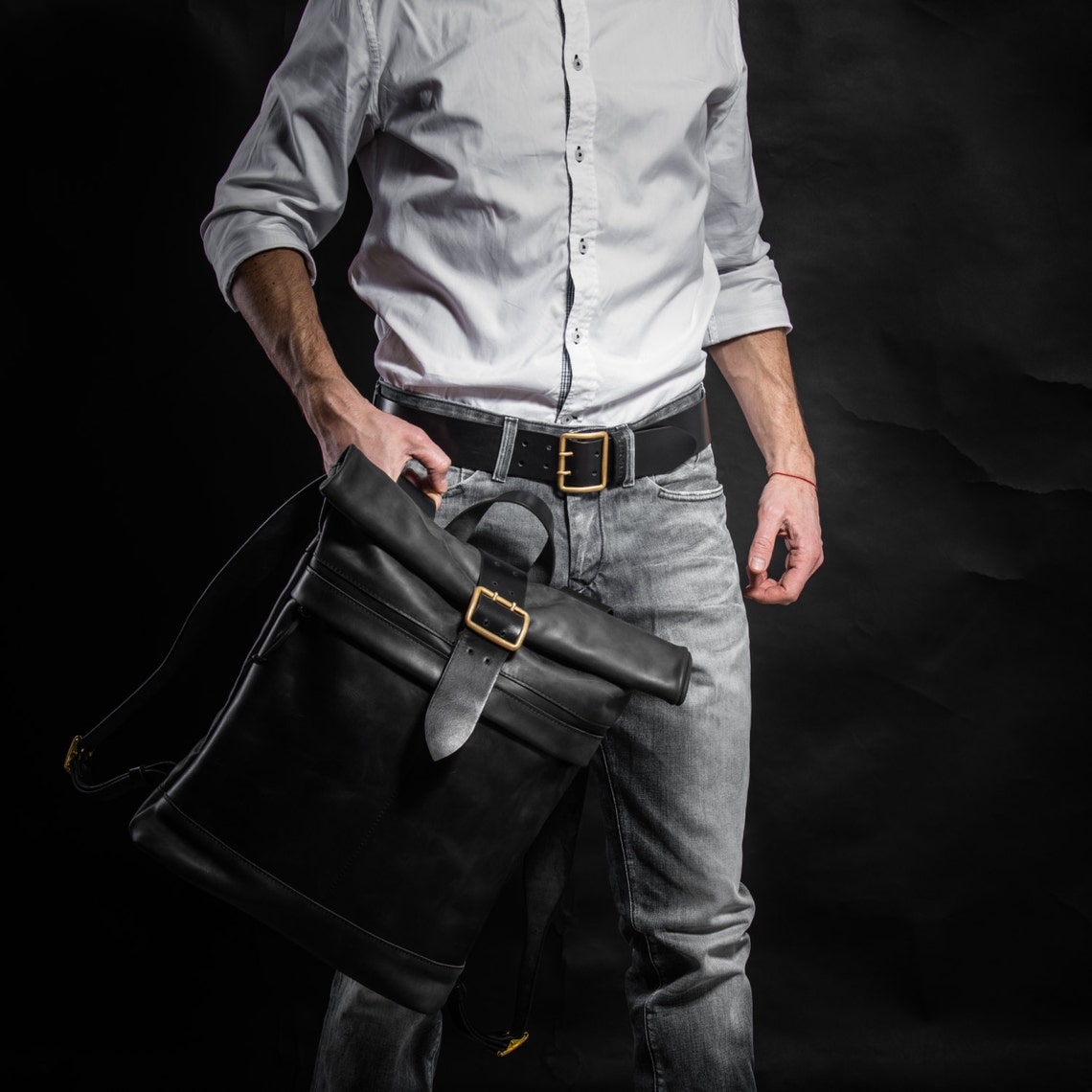 Leather backpack Roll top backpack Men's backpack Laptop | Etsy