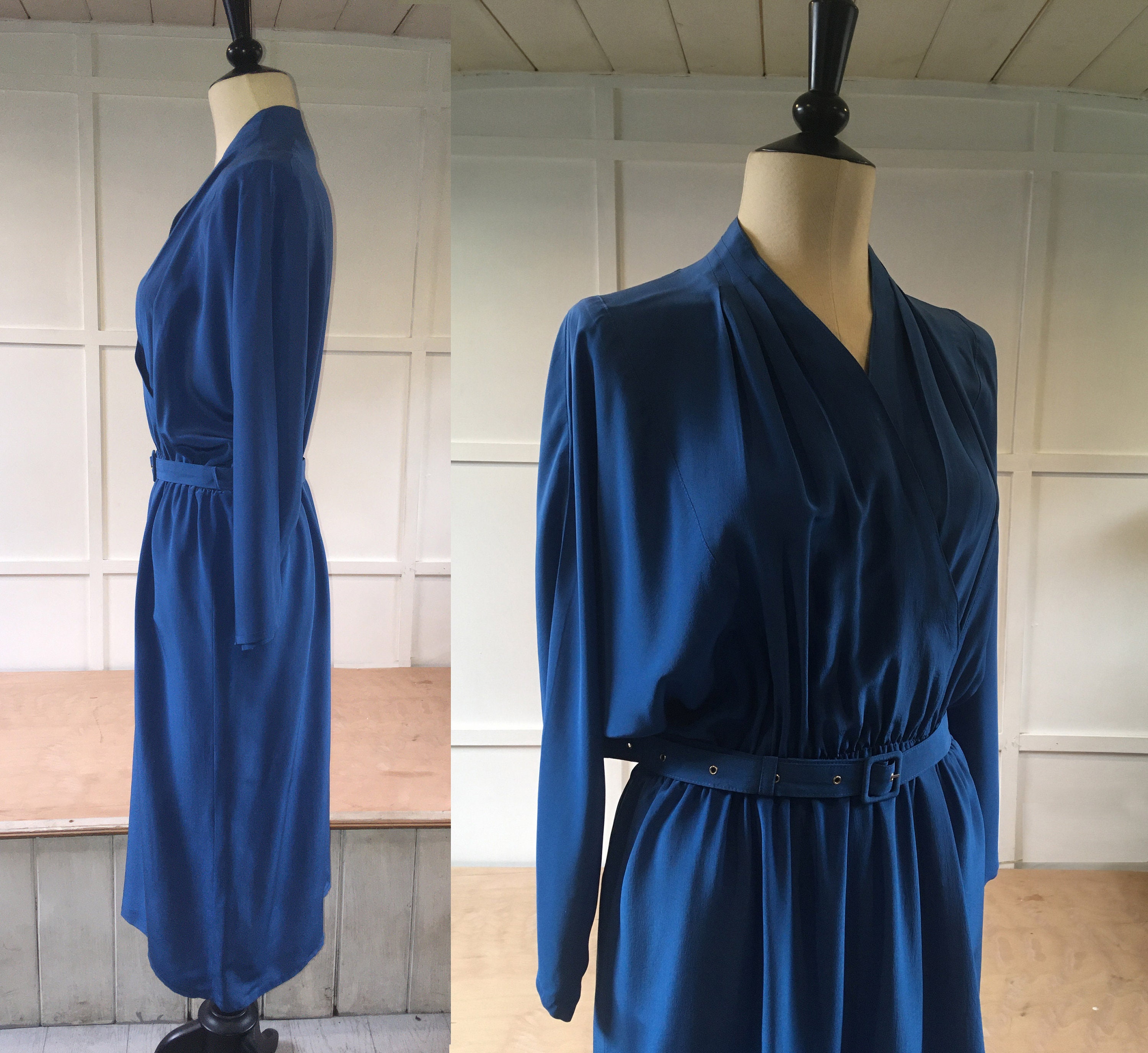 Elegant Late 1930s Prussian Blue Colour Silk Dress With Dolman Sleeves ...