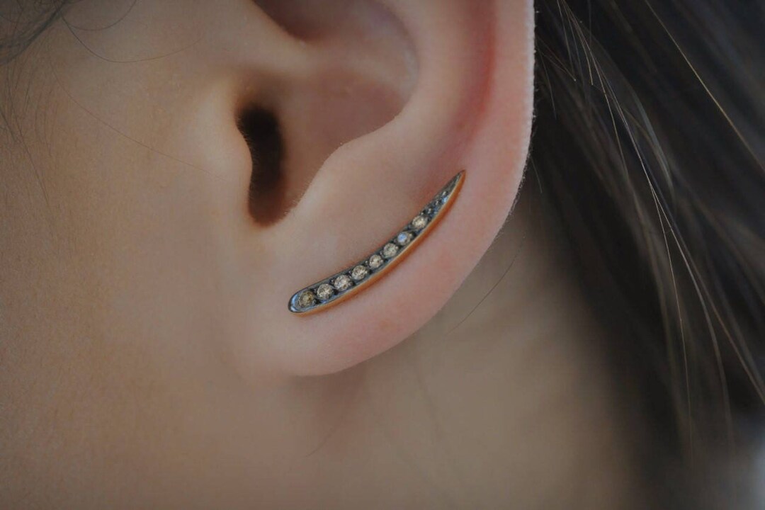 Gold Ear Climbers Solid 18k Gold Champagne Diamonds Gold Ear Crawlers ...