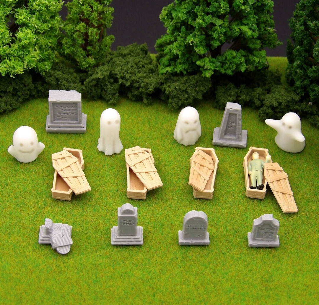 16 Pc HO Scale 3D Model Railroad Scary Train Scenery Ghosts, Coffins ...