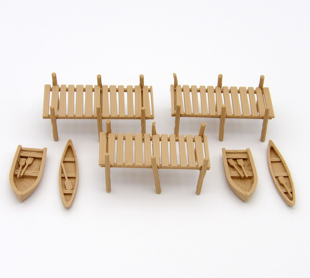 HO Scale Two Rowboats and Two Canoes With Paddles, PLUS Three Dock ...