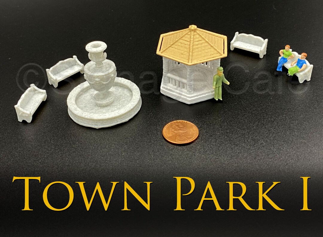 6 Pc Town Park HO Scale 3D Print - Marble Fountain, 4 Marble Benches ...