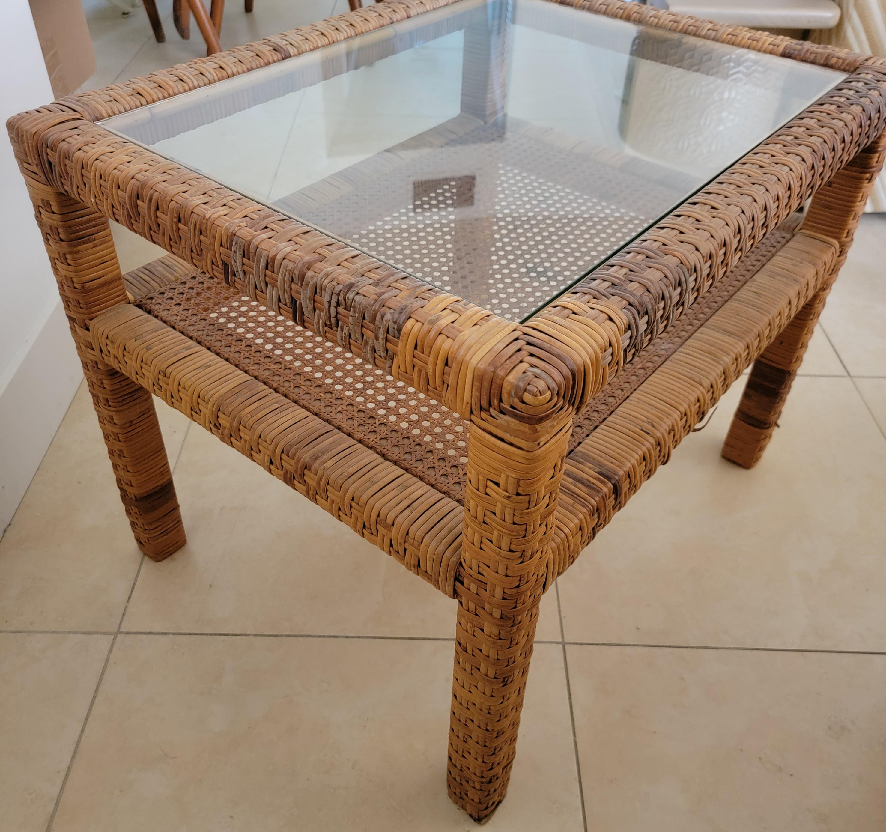 Vintage Wrapped Rattan Glass End Tabe - Etsy