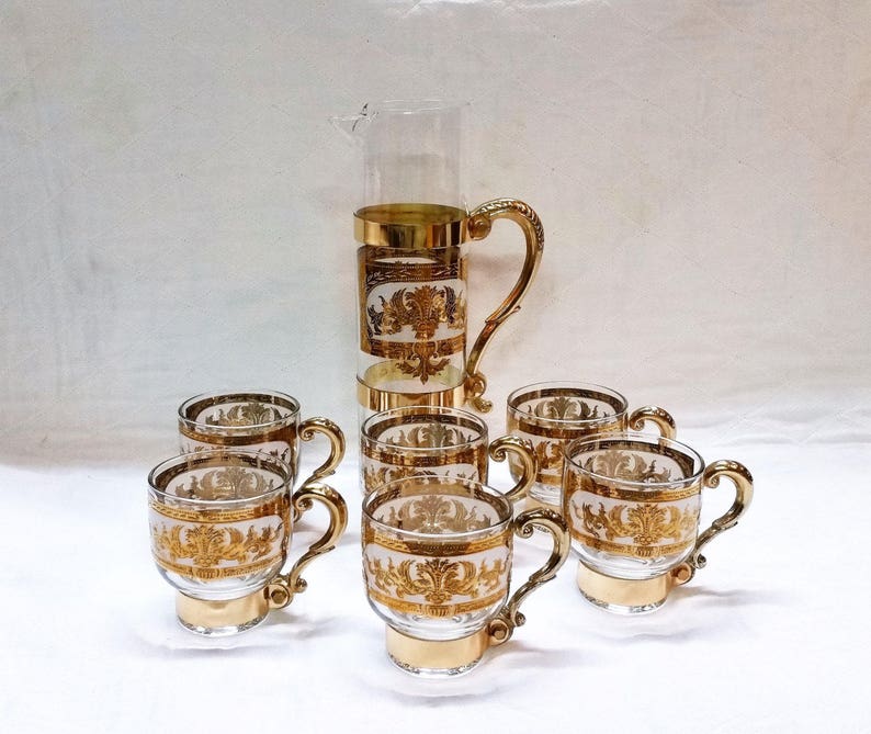 Vintage Barware Martini Pitcher Cocktail Glasses Set Hollywood Regency ...