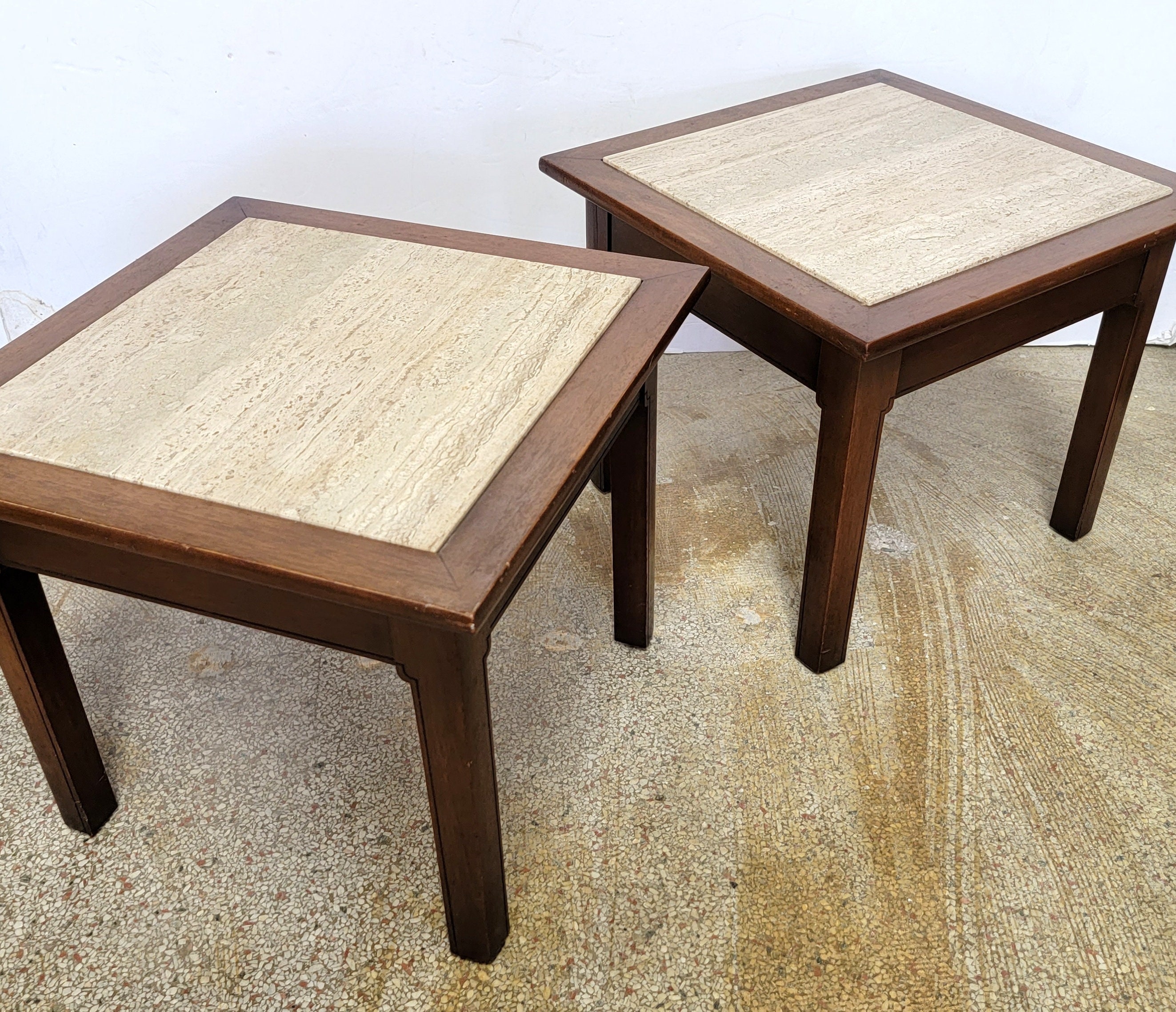 SOLD Walnut Travertine Low Side Tables/ Pedestal Tables - Etsy