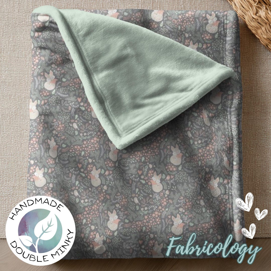 Baby Blanket: Sleepy Fox. Girl Shower Gift. Gray. Mint. Peach. Woodland ...