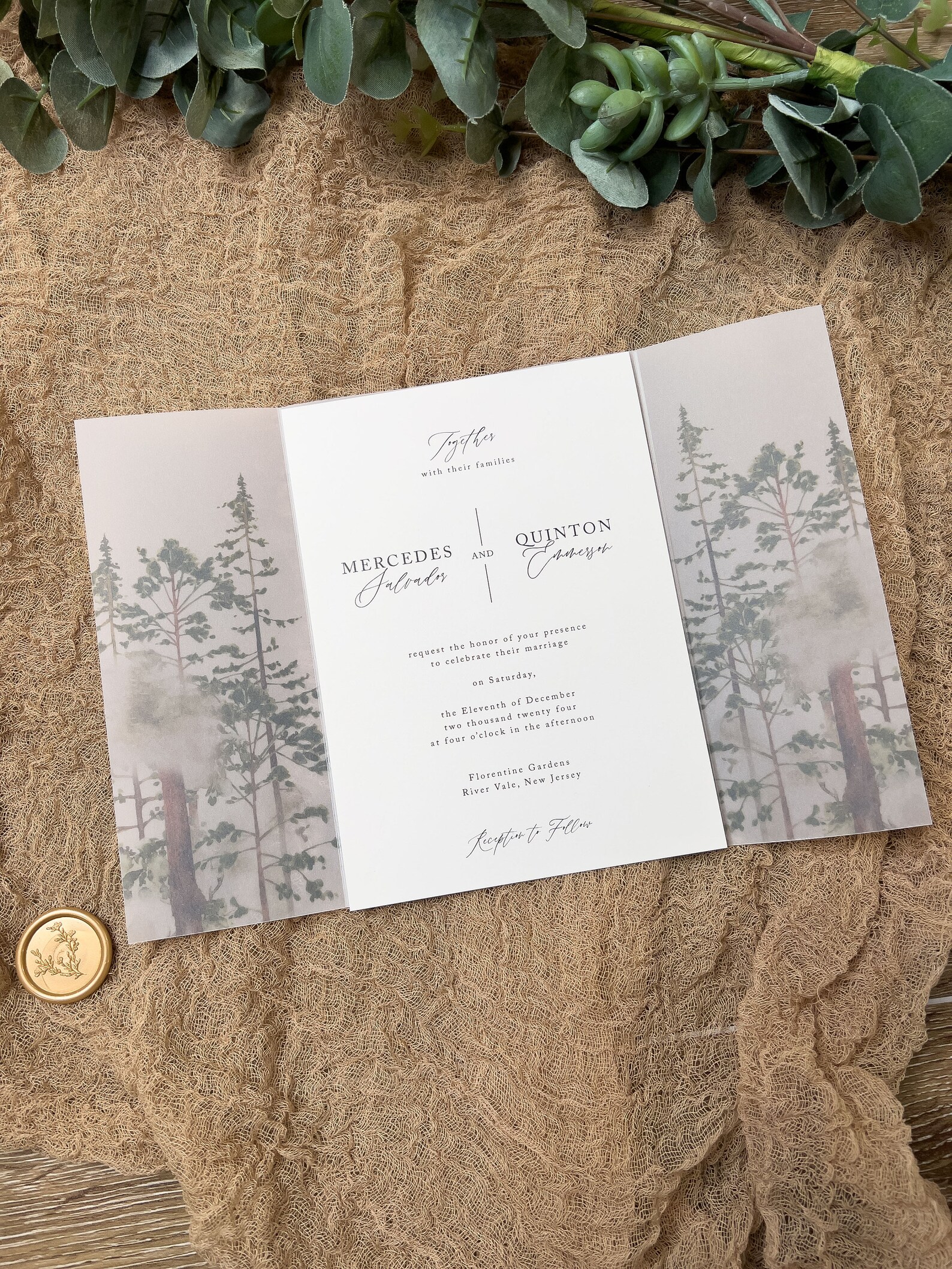 Watercolor Forest Vellum Wedding Invitation Jacket: Rustic Pine Tree ...