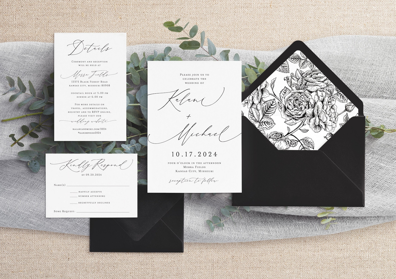 Black and White Wedding Invitation Line Flower Simple - Etsy