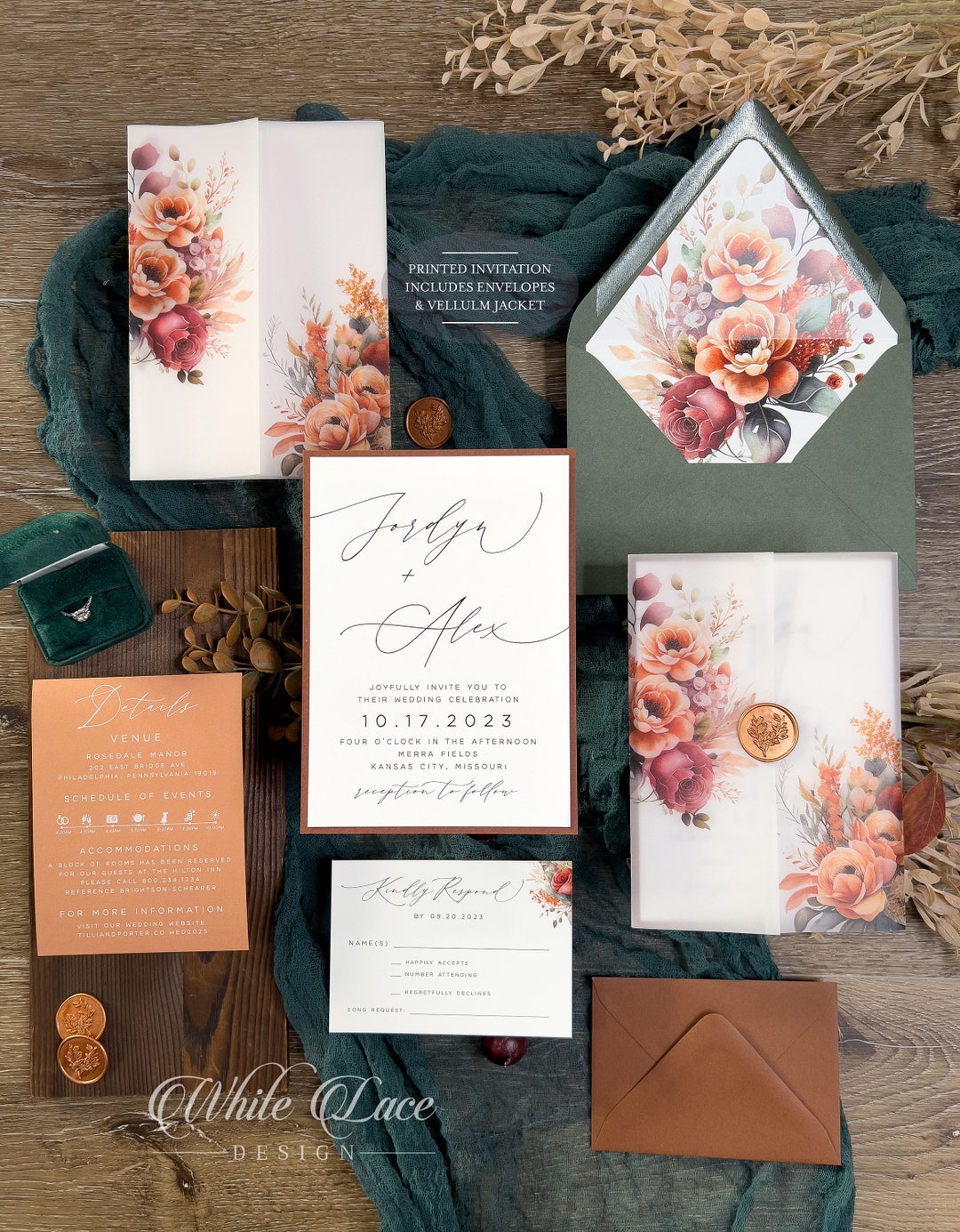 Floral Terracotta Wedding Invitation Suite: Vellum Jacket & Envelope ...