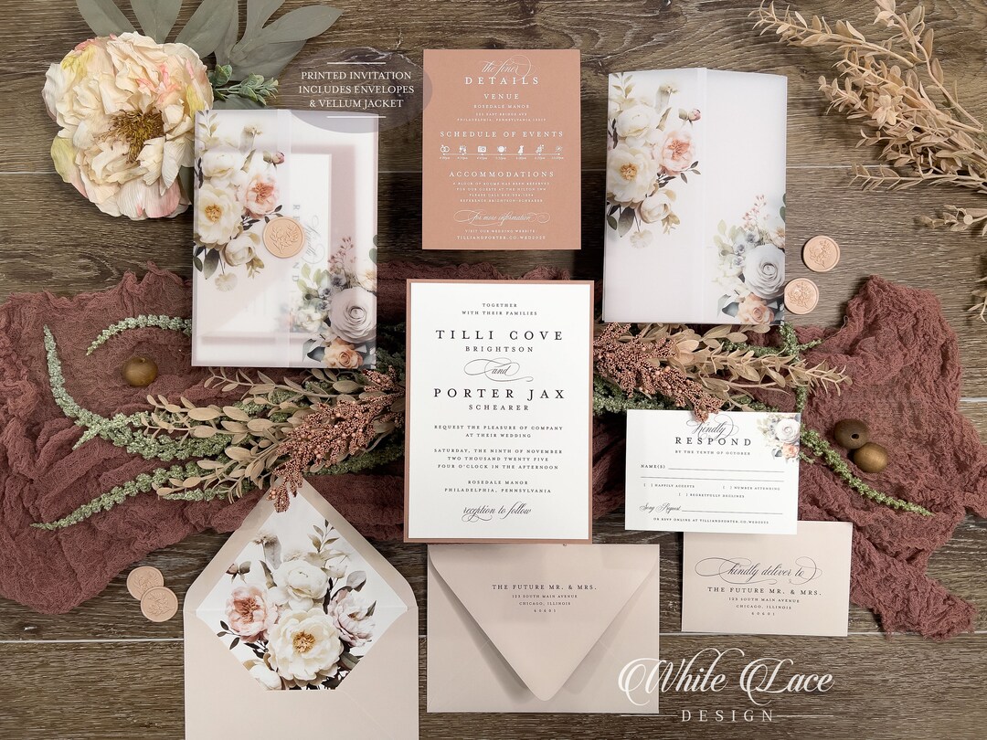 Terracotta Wedding Invitation Suite: Romantic Floral Vellum Jacket - Etsy