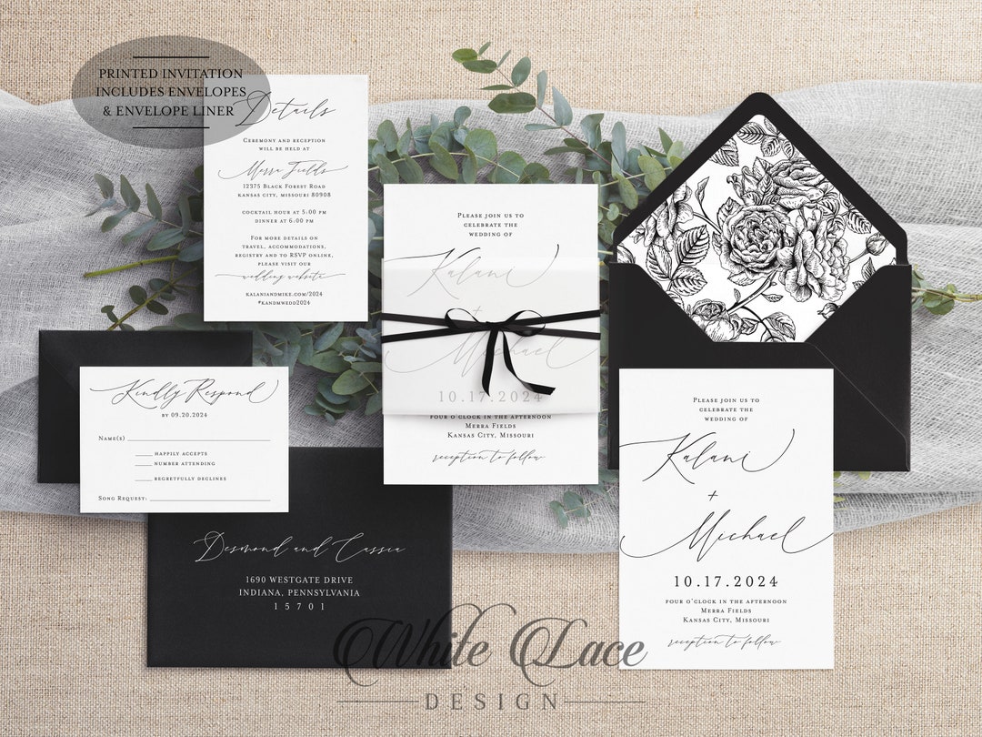 Black and White Wedding Invitation: Line Flower Liner, Vellum Band and ...