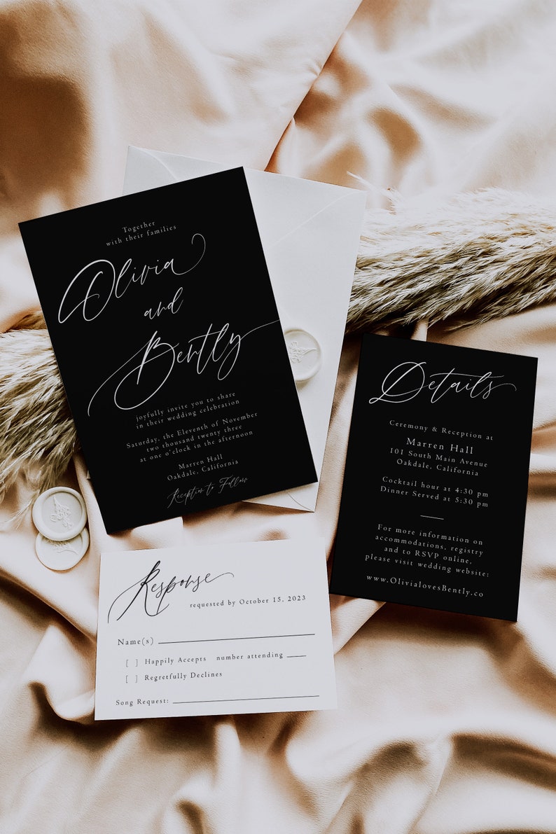 Black Minimalist Wedding Invitation Suite: Modern White Ink - Etsy