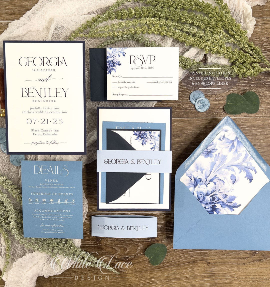 Dusty Blue Damask Wedding Invitation Suite: Classic Flourish Design - Etsy