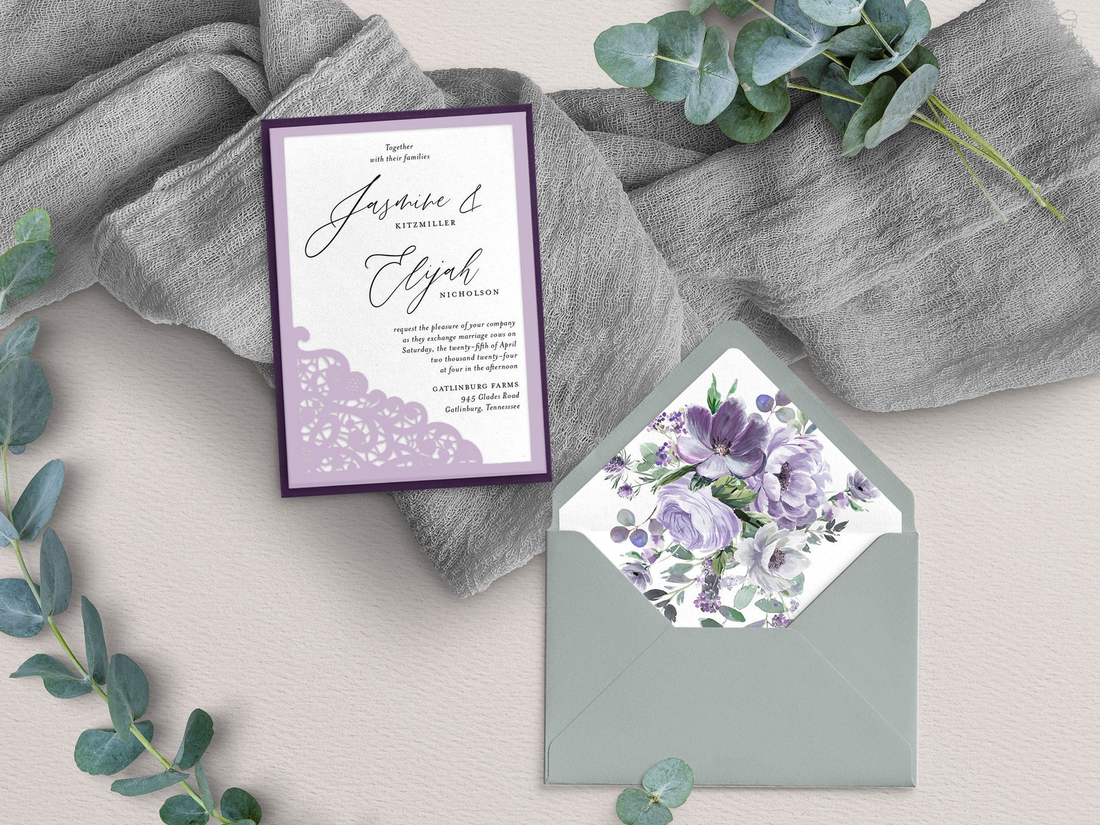 Lavender Wedding Invitation Purple and Sage Wedding - Etsy