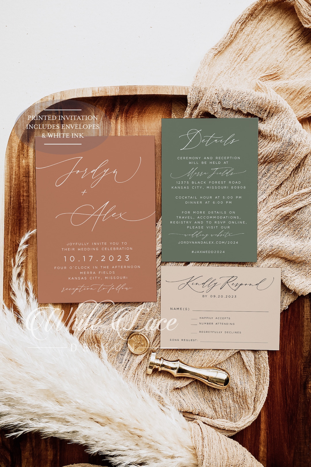 Terracotta Wedding Invitation: Modern Sepia & Sage Green, White Ink ...