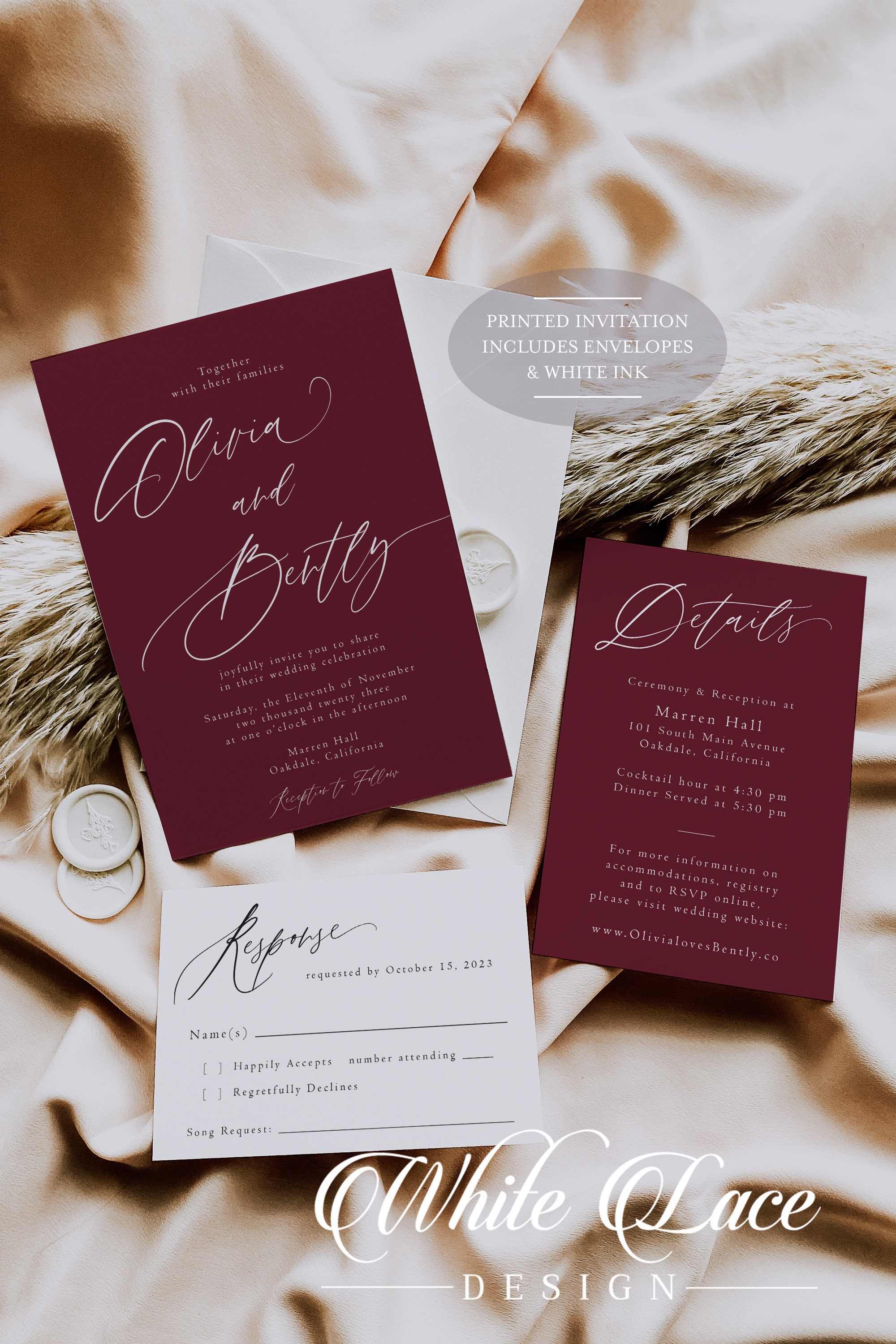 White Ink Burgundy Wedding Invitation Maroon Wedding - Etsy