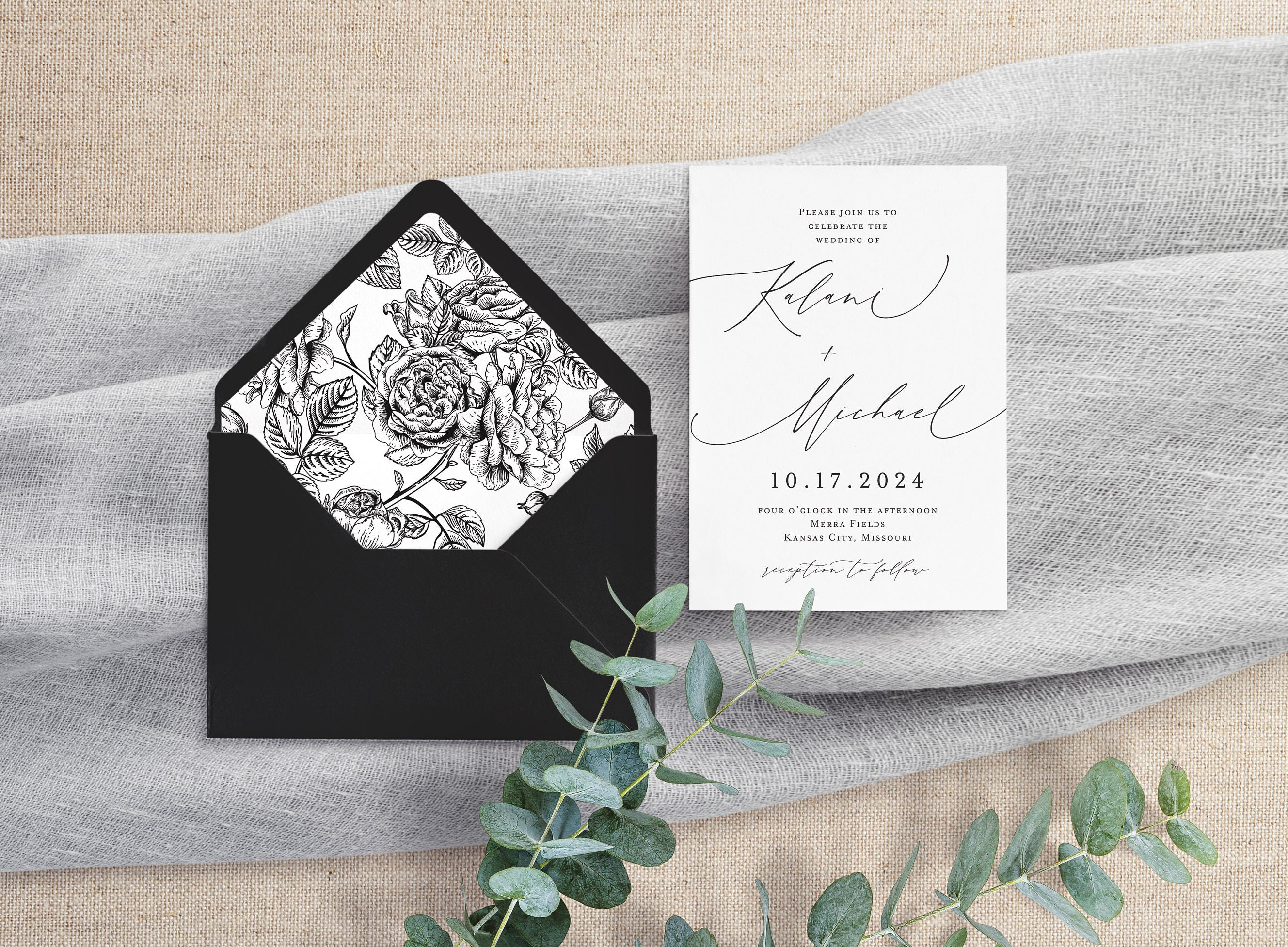 Black and White Wedding Invitation Line Flower Simple - Etsy