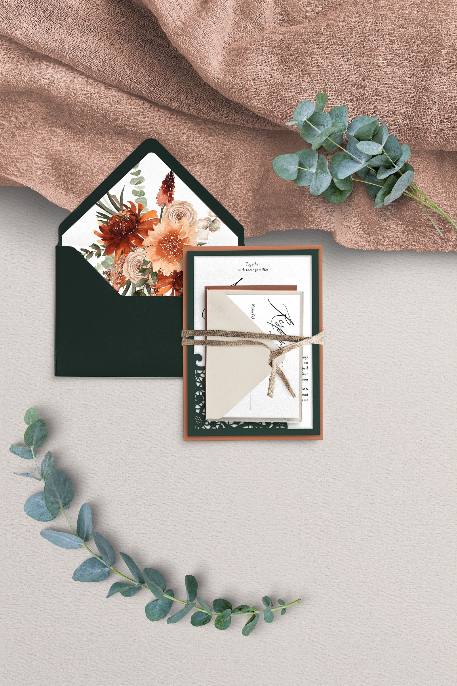 Terracotta Wedding Invitation: Emerald Lace, Floral Liner - PRINTED - Etsy