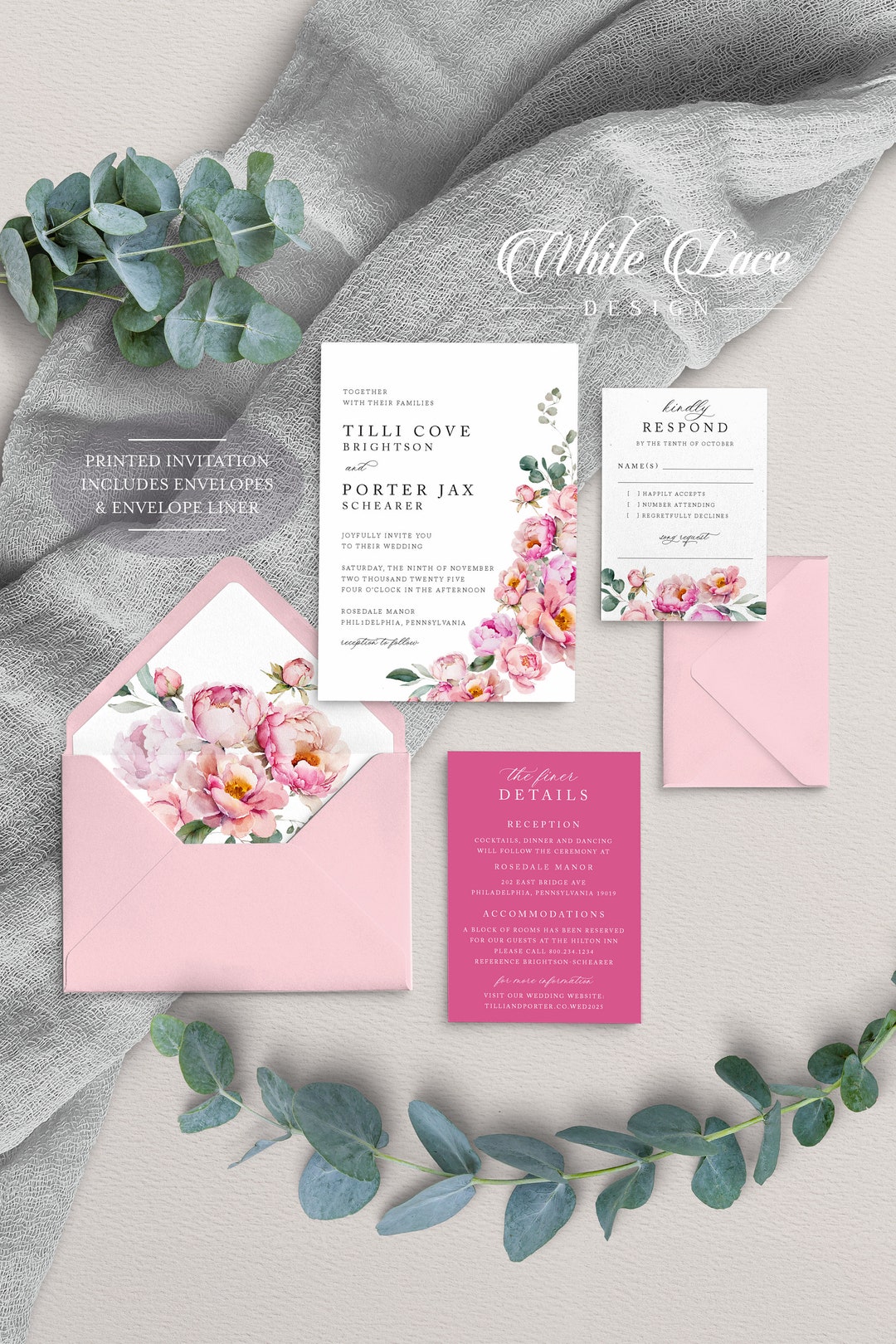 Bright Bold Pink Floral Wedding Invitations, Fuchsia and Light Candy ...