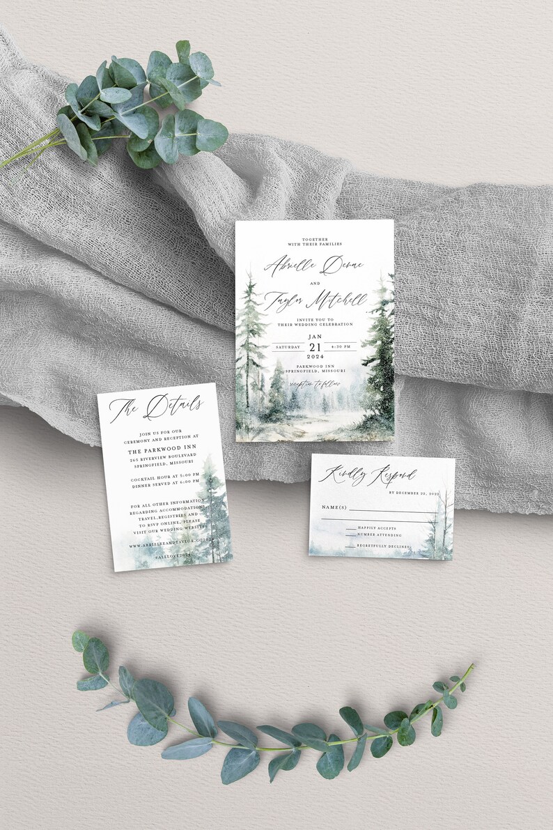 Snowy Forest Winter Wedding Invitations: Dusty Blue Printed Suite - Etsy