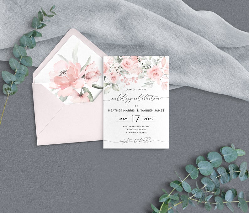 Blush Wedding Invitation Flower Wedding Invitations Pink - Etsy