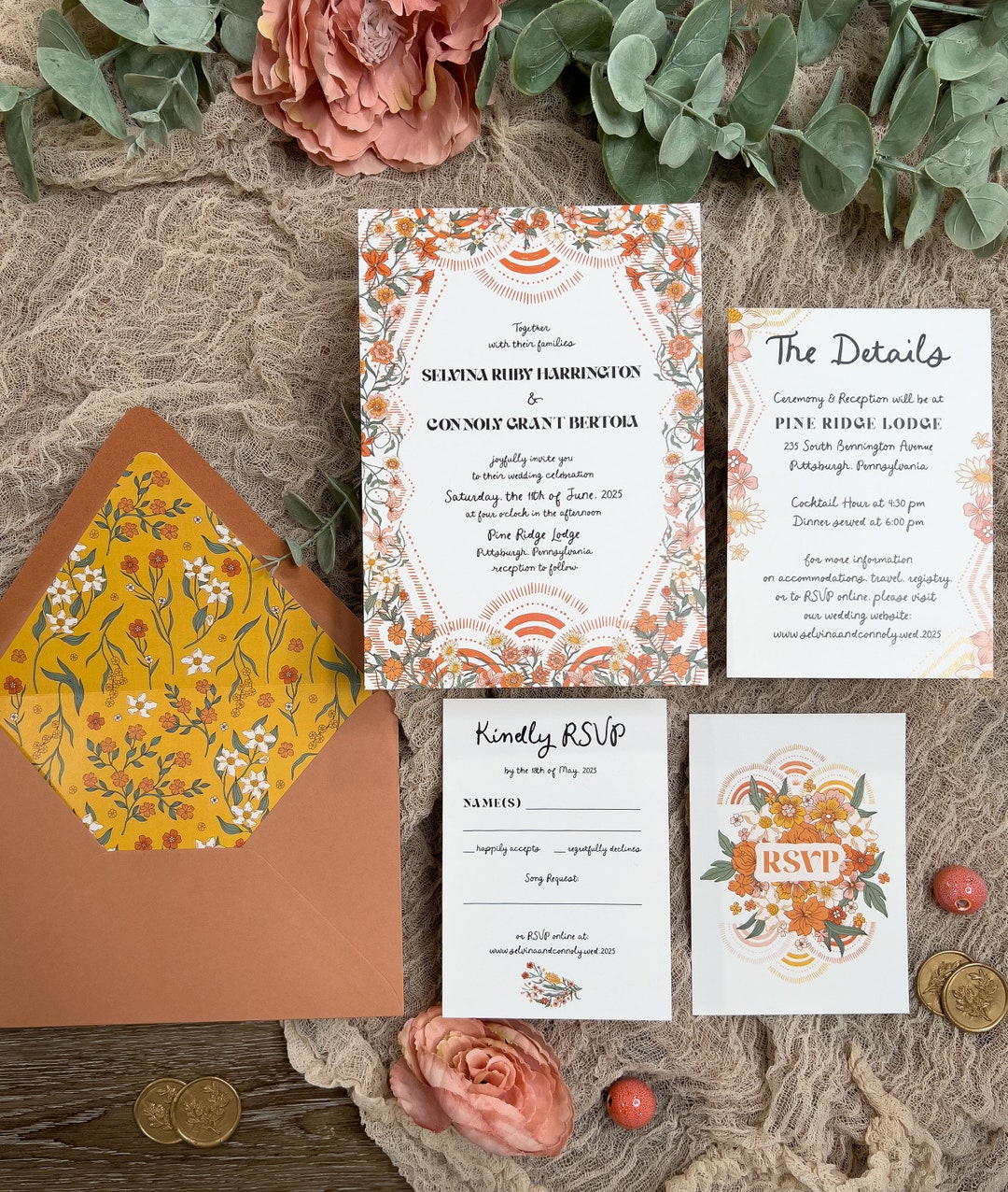 Retro Mod Wedding Invitations, Colorful Wildflower Vintage Inspired ...