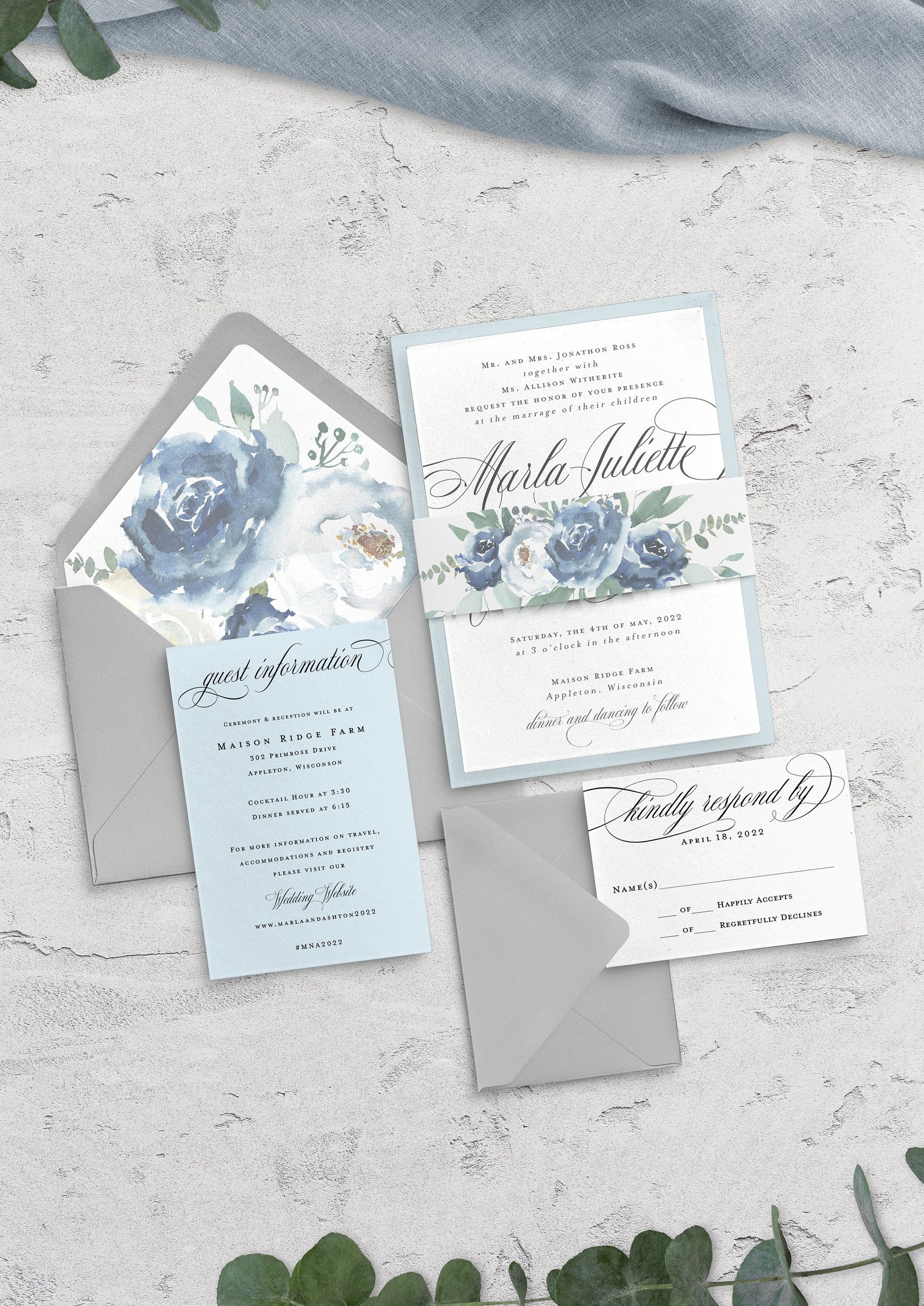 Blue Floral Wedding Invitation Suite: Printed Invitation Set - Etsy