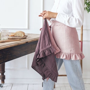 Short Waist Apron With Ruffles and Two Pockets, Linen Half Apron for ...