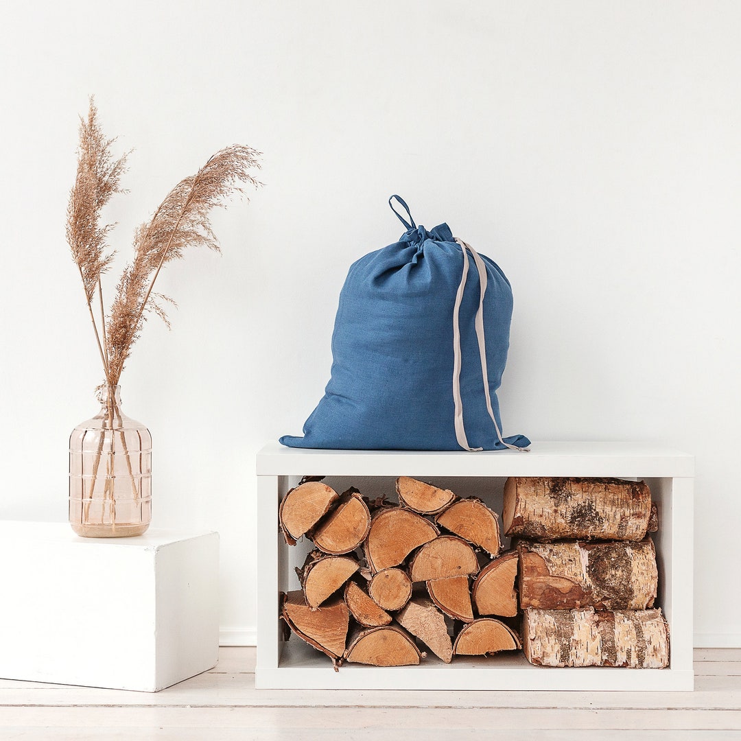 Linen Laundry Bag, Large Linen Laundry Bag, Blue Clothes Bag, Natural ...