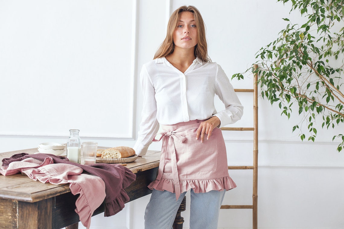 Short Waist Apron With Ruffles and Two Pockets, Linen Half Apron for ...