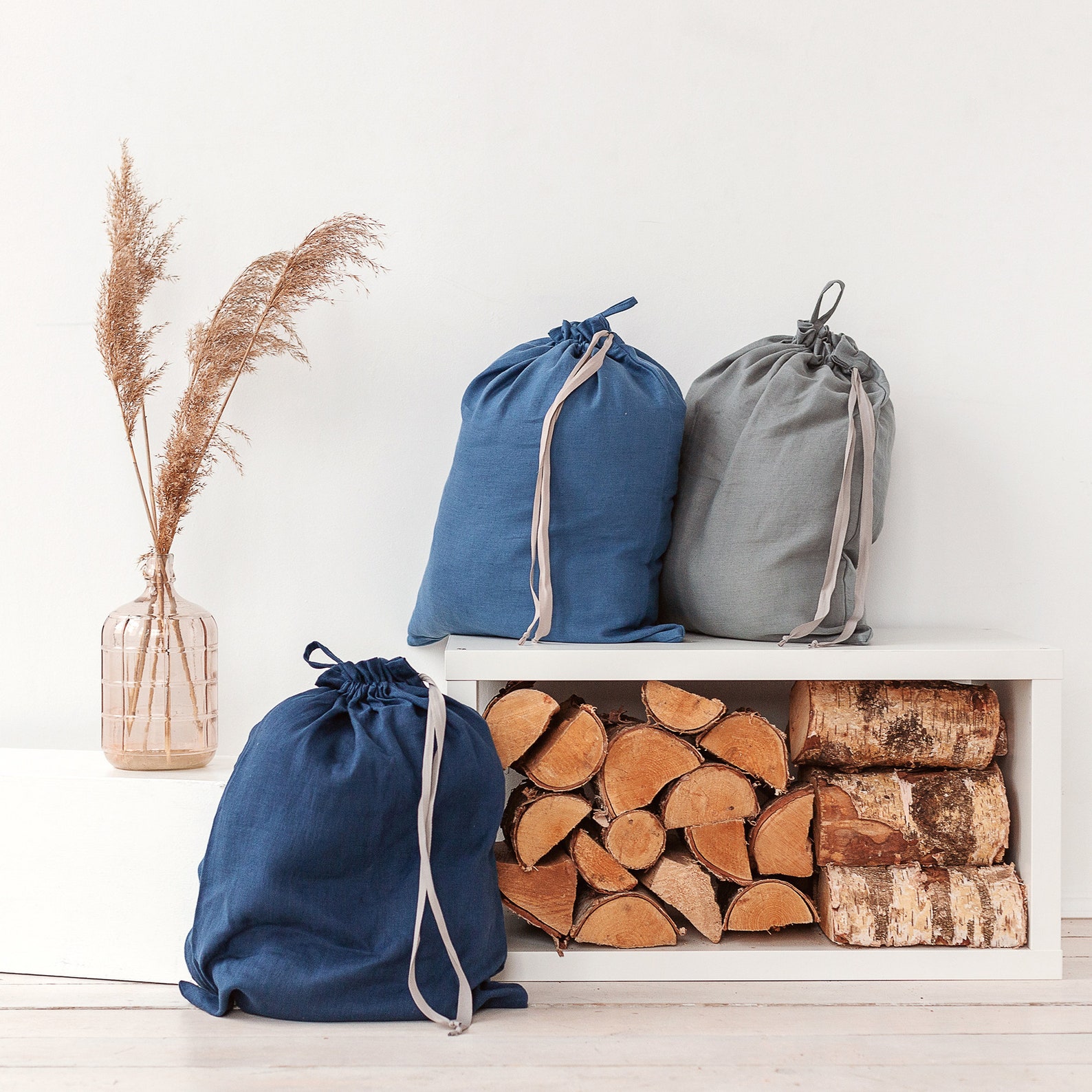 Linen Laundry Bag, Large Linen Laundry Bag, Blue Clothes Bag, Natural ...