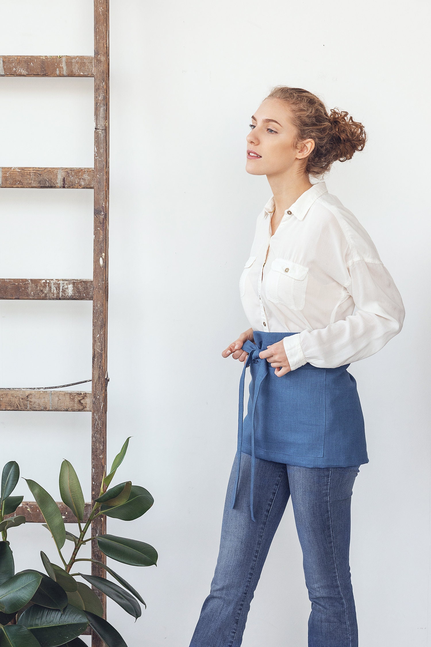 Waitress Apron With Two Pockets and Long Straps in Blue Color - Etsy