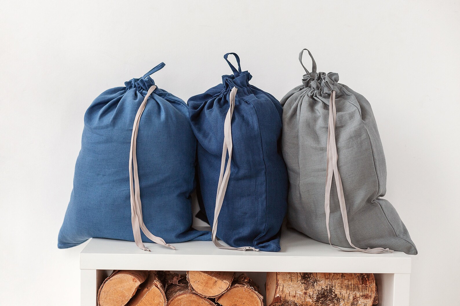 Linen Laundry Bag, Large Linen Laundry Bag, Blue Clothes Bag, Natural ...