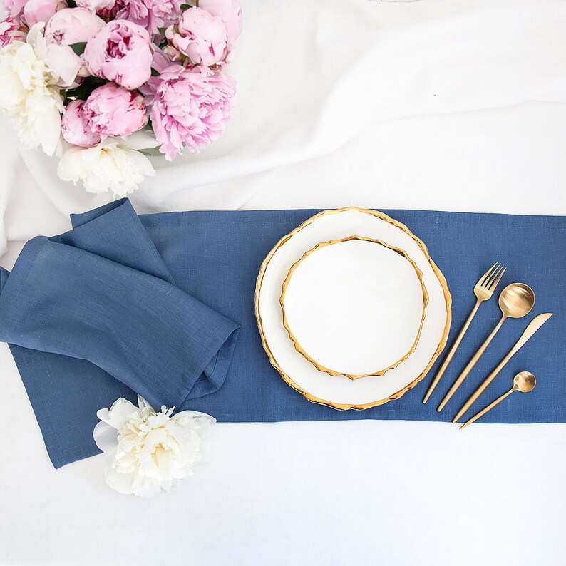 Blue Table Runner handmade of Natural Linen Ready to ship | Etsy