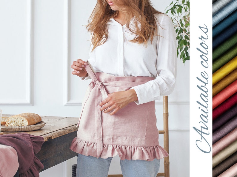 Short Waist Apron With Ruffles and Two Pockets, Linen Half Apron for ...