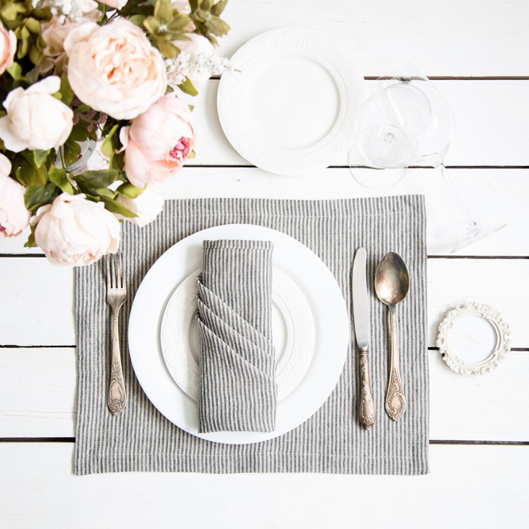 Linen Placemats Set of 6, Ticking Placemats, Striped Table Decor ...