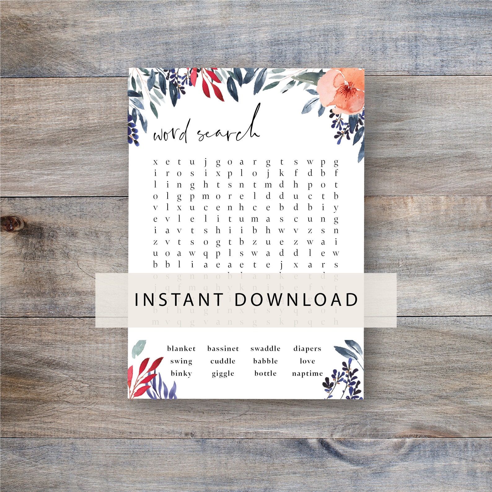 Printable Baby Shower Word Search, Floral Baby Shower Game, Instant ...