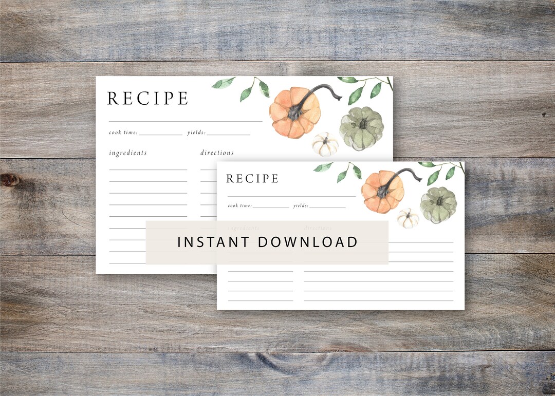 Printable Pumpkin Recipe Cards, 4x5, 5x3, Pumpkin Recipe Card, Fall ...