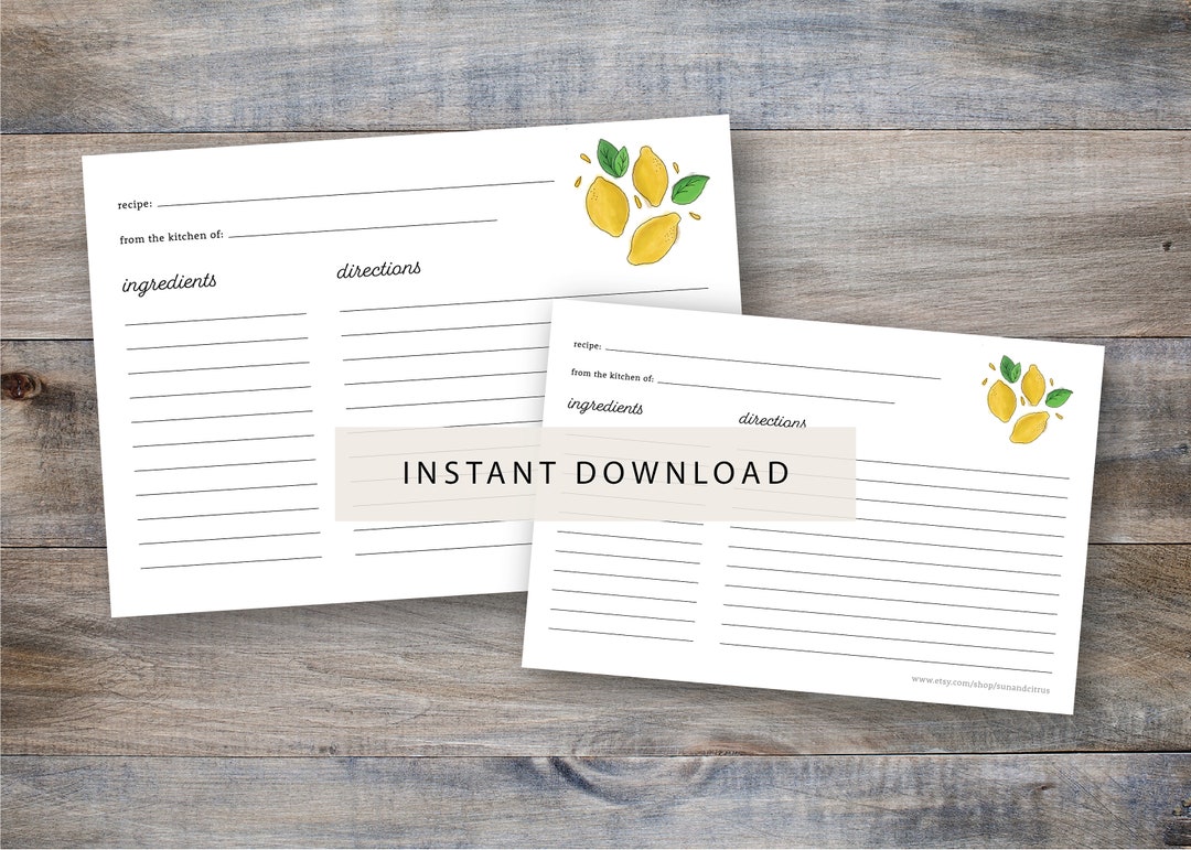 Printable Lemon Recipe Cards, 5x7, 4x6, Lemon Recipe Card, Print at ...
