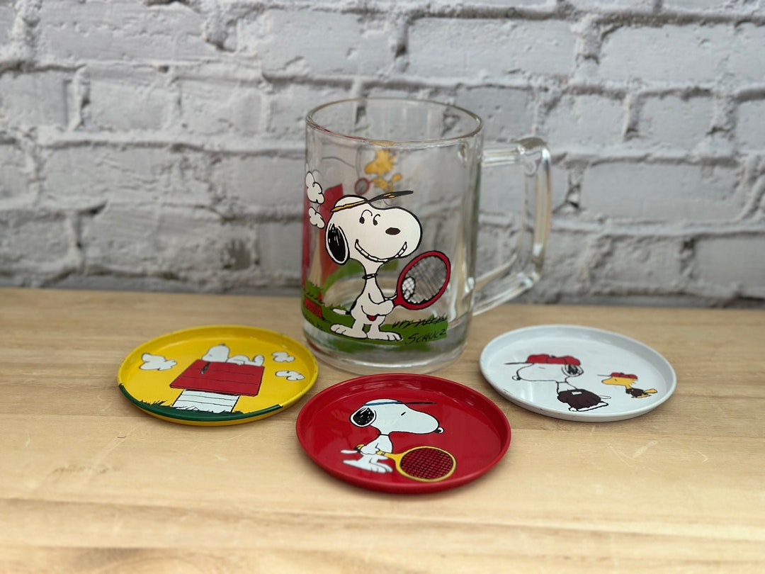 Vintage Snoopy and Woodstock Playing Tennis Water Beer Mug Glass and ...