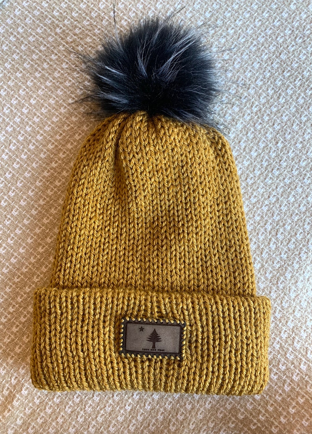 Maine Flag Beanie, Maine Hat, Mustard Winter Hat With Pompom, Leather ...