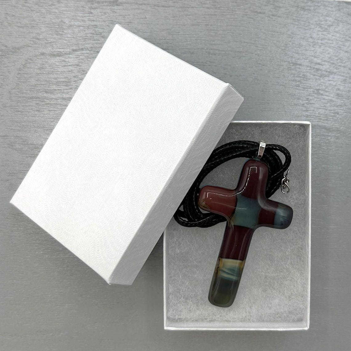 Handmade Glass Cross Pendant Necklace: Red, Gray, Tan - Choice of Cord ...