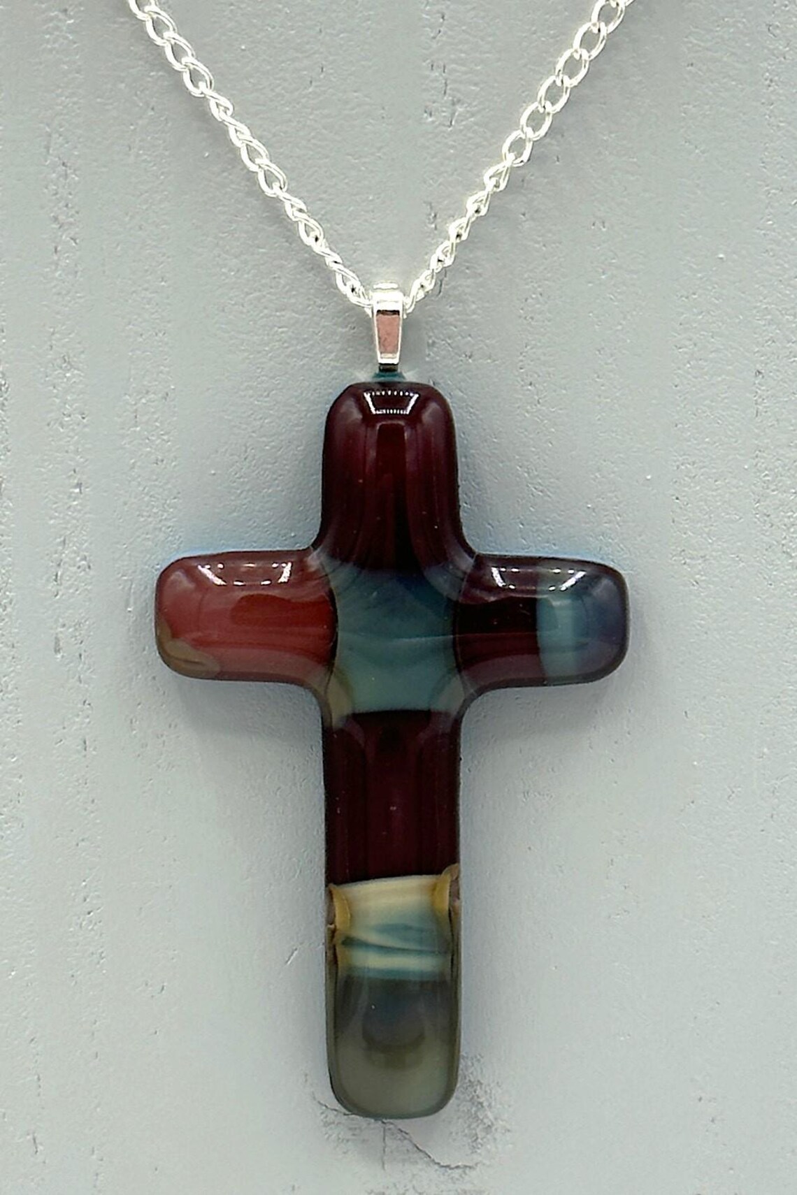 Handmade Glass Cross Pendant Necklace: Red, Gray, Tan - Choice of Cord ...
