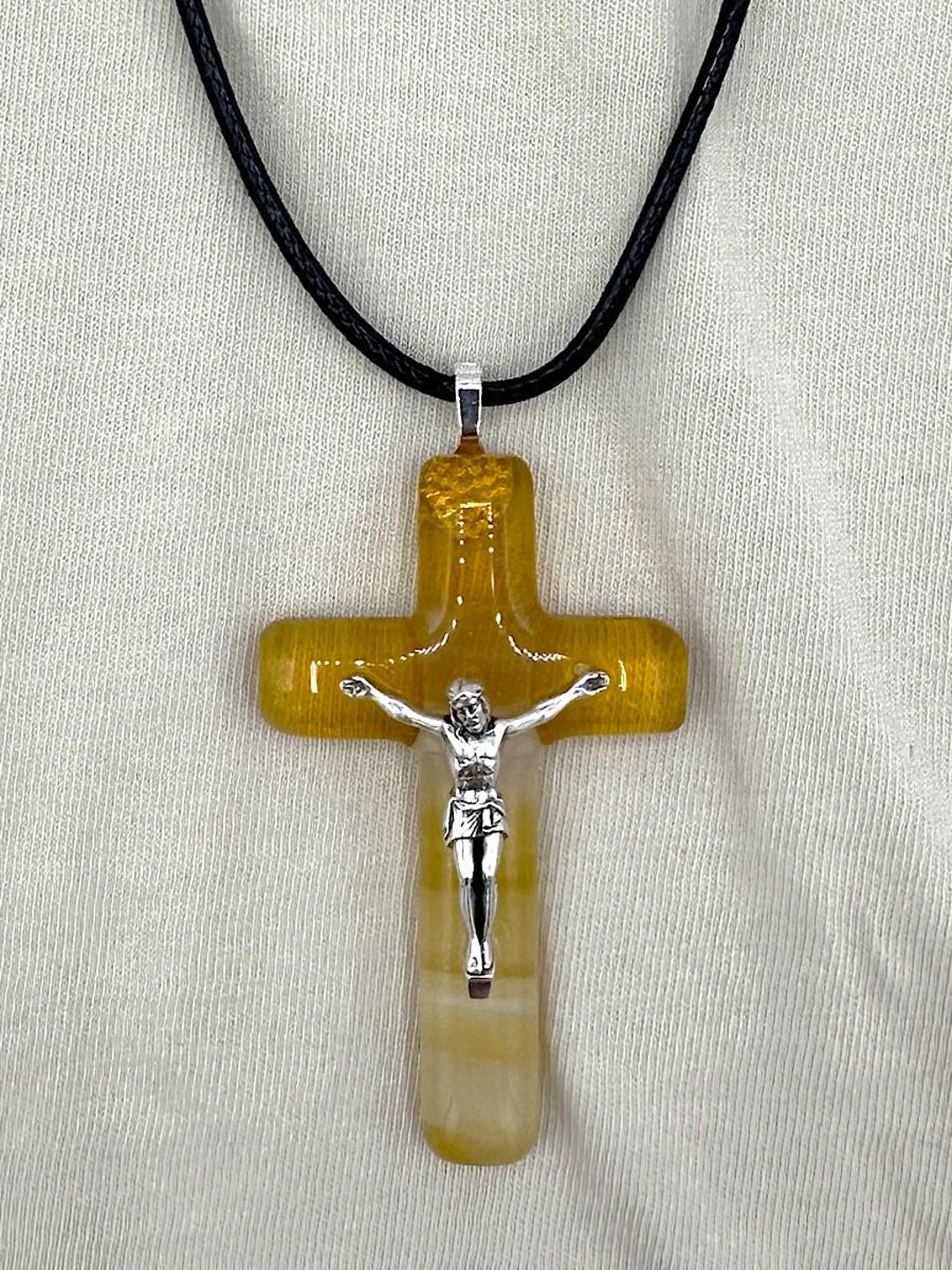 Amber and White Glass Crucifix Pendant Necklace With Black Cord or ...