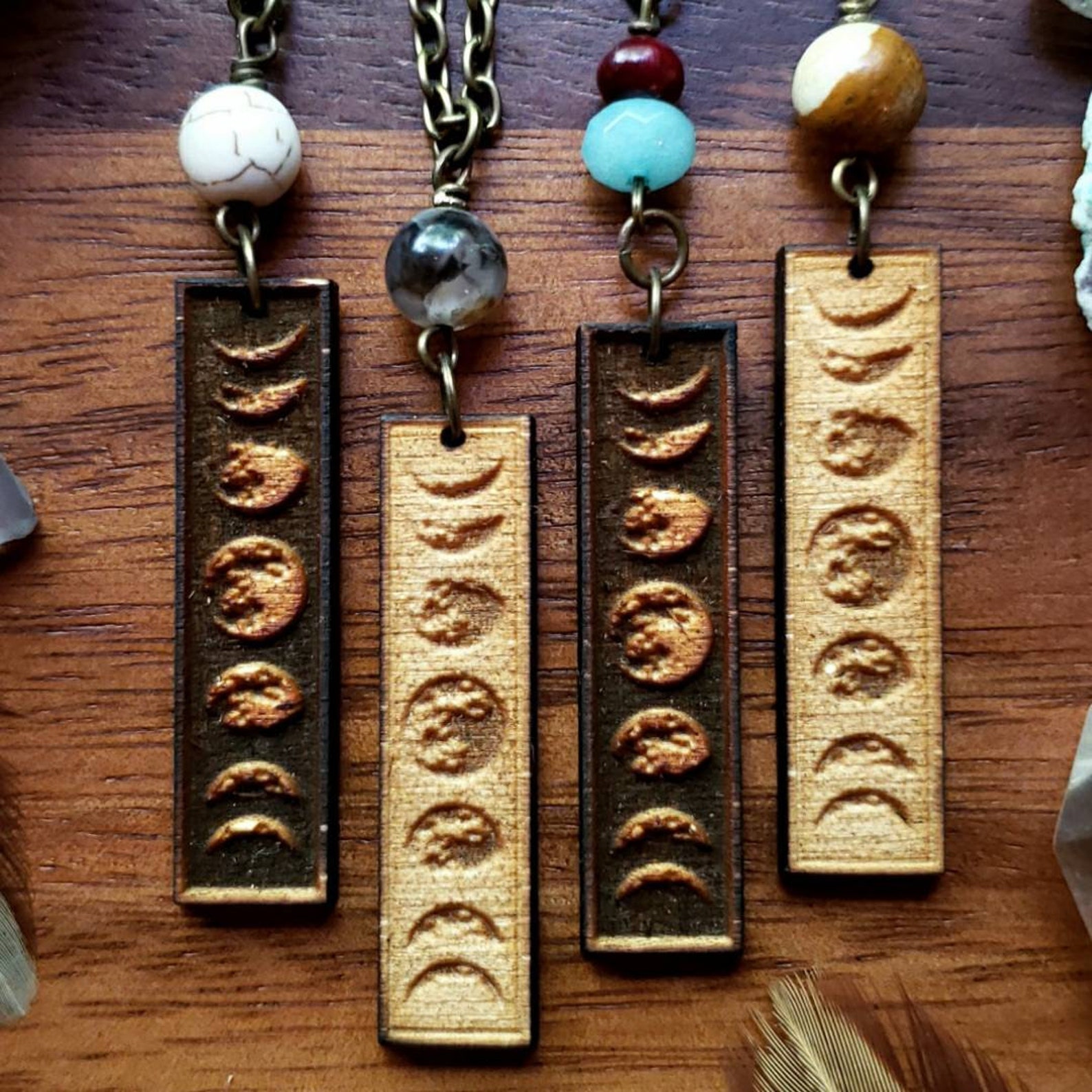 Small Moon Phase Laser Engraved Necklaces, Wooden Jewelry, Moon Phase ...