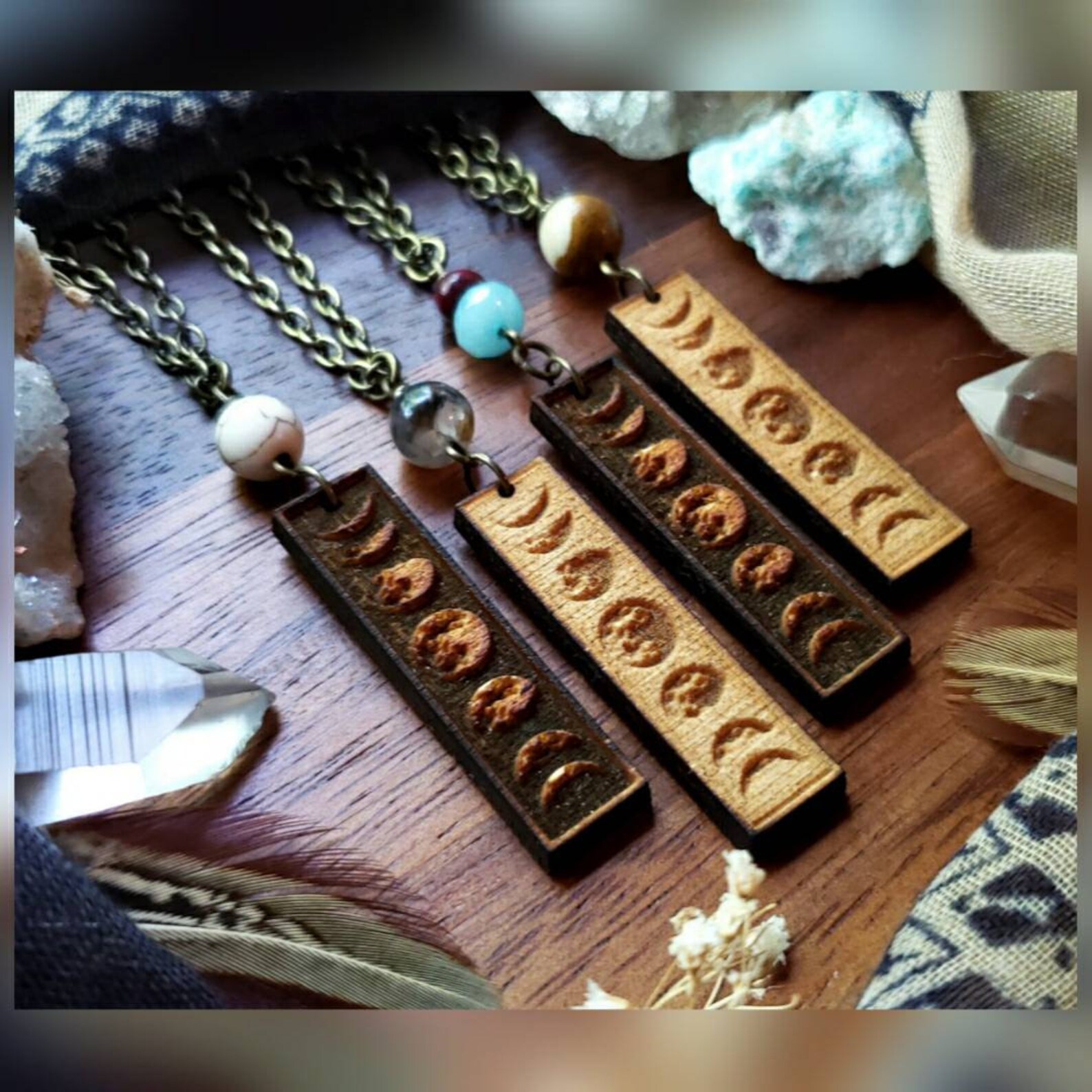 Small Moon Phase Laser Engraved Necklaces, Wooden Jewelry, Moon Phase ...